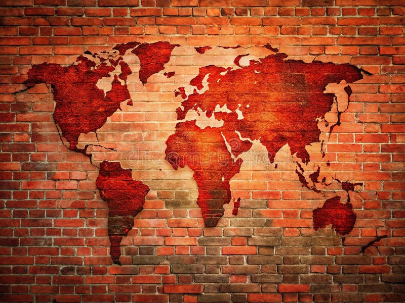 Intriguing Red Brick World Map Dotted Patterned Globe in Low Light a ...