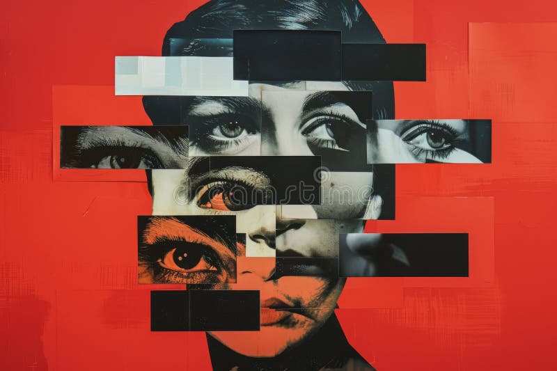 Surreal Collage of Multiple Faces and Eyes on a Red Background Stock ...