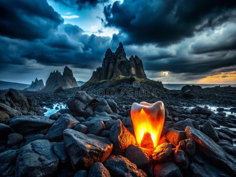 Intriguing Volcanic Rock Formation a Glowing Lava Tooth Illuminates a ...