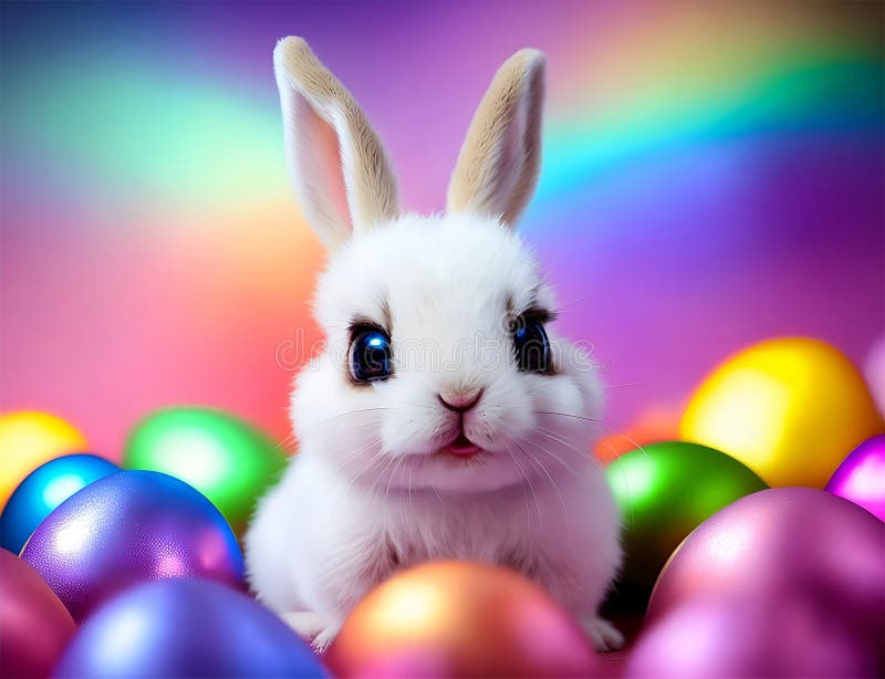 Cute White Easter Bunny with Vibrant Easter Eggs and Vivid Neon ...