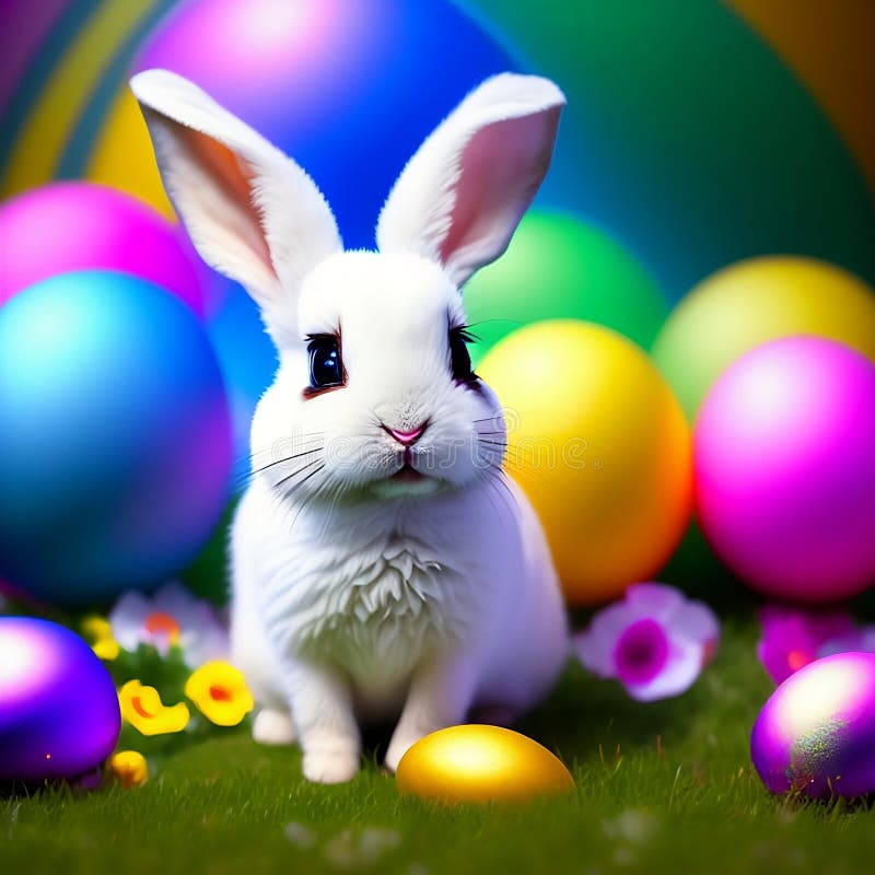 Elegant White Easter Bunny with Vibrant Easter Eggs in Springtime ...