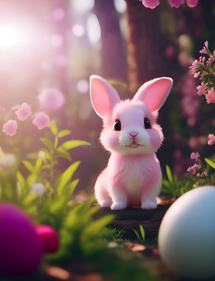 Adorable Pink Easter Bunny with Easter Eggs in a Magical Forest - AI ...