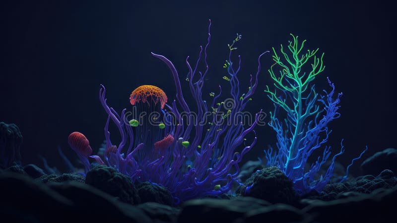 Seaweed and Algae in Glowing Neon. Generative Ai Stock Illustration ...