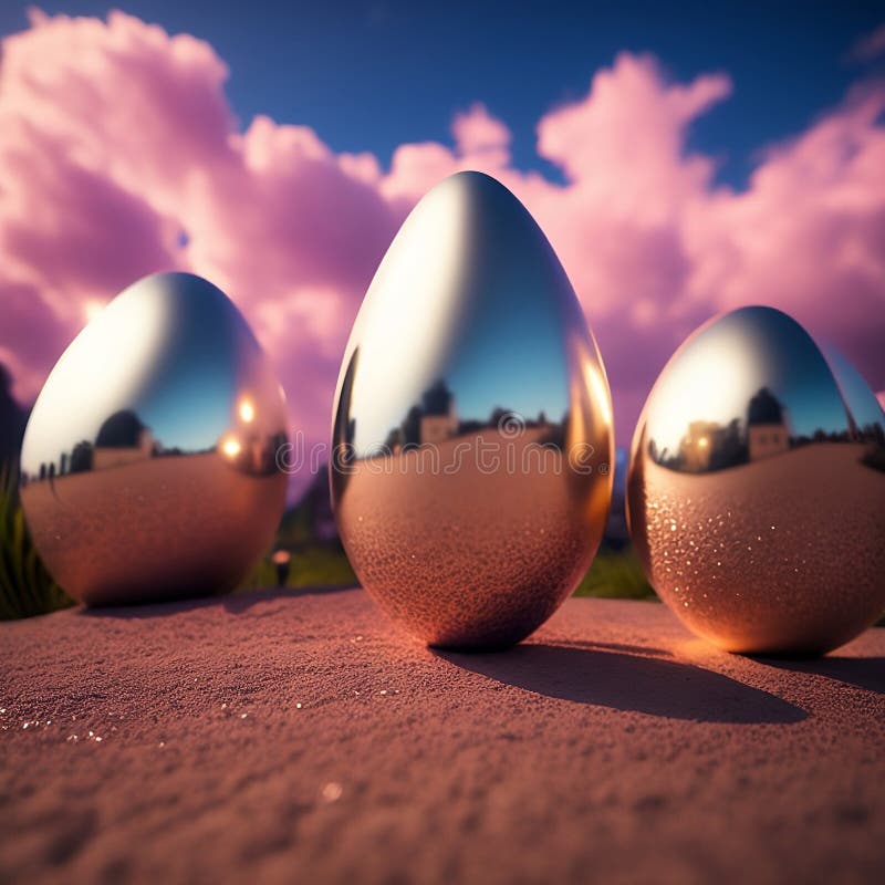 Metallic Silver Reflective Easter Eggs with Pink Clouds in Sky - AI ...