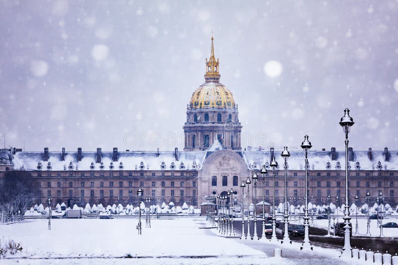 Invalides Building on Winter Snow Day in Paris Stock Photo - Image of ...