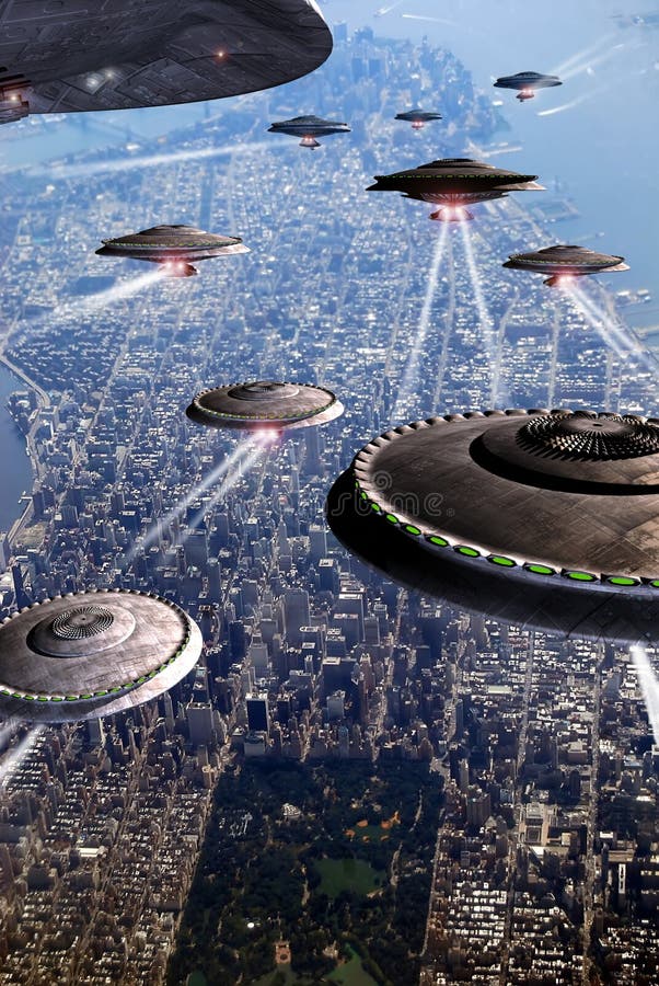 Alien Spaceships Invading Earth Stock Illustration - Illustration of ...