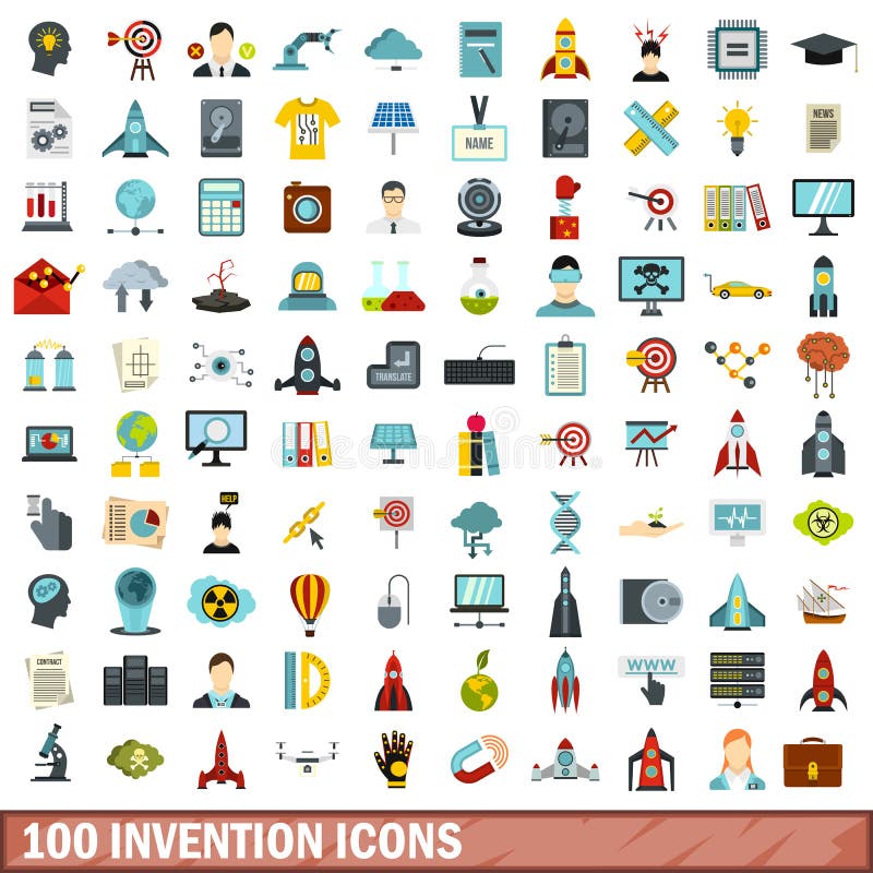 100 Invention Icons Set, Flat Style Stock Vector - Illustration of ...