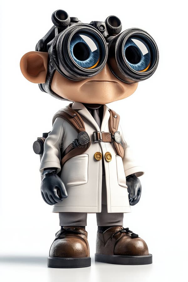 Inventive Character in a White Lab Coat with Oversized Goggles Stands ...