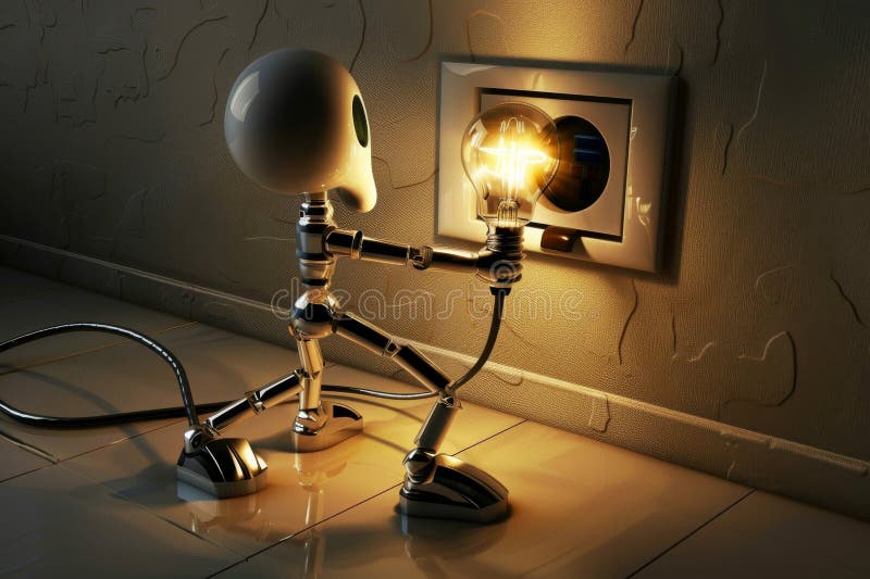 Inventive Robot Character Plugs in a Glowing Light Bulb in a Modern ...
