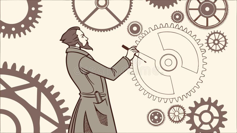 Inventor with Gears, Steampunk Style, Vintage Technology, Mechanical ...
