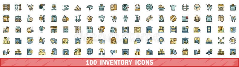 100 Inventory Icons Set, Color Line Style Stock Illustration ...