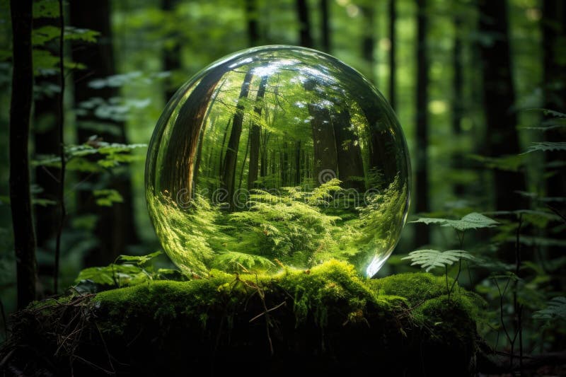 Inverted Image of a Dense Forest Reflected on a Glass Sphere Stock ...