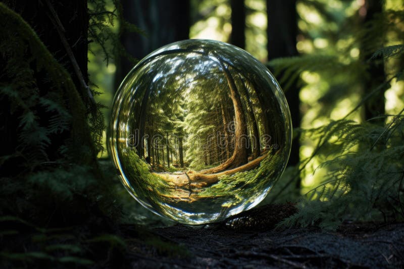 Inverted Image of a Dense Forest Reflected on a Glass Sphere Stock ...