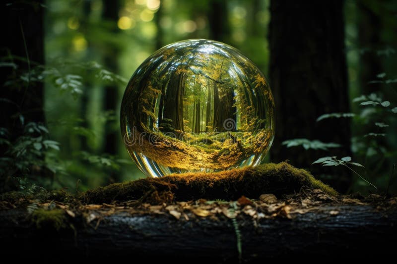 Inverted Image of a Dense Forest Reflected on a Glass Sphere Stock ...