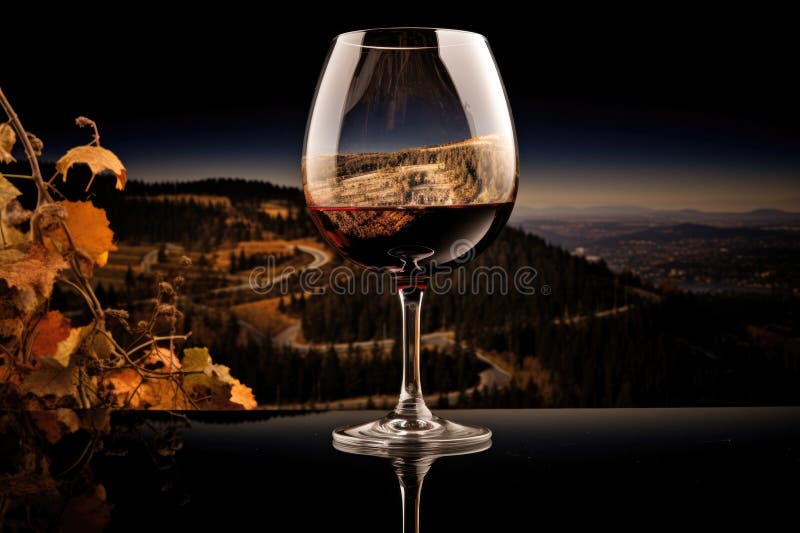 An Inverted Image of a Vineyard Reflected in a Wine Glass Stock ...