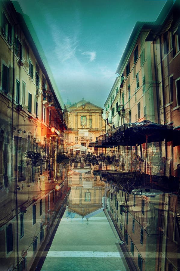 Inverted Reflection of Street Night Stock Image - Image of buildings ...