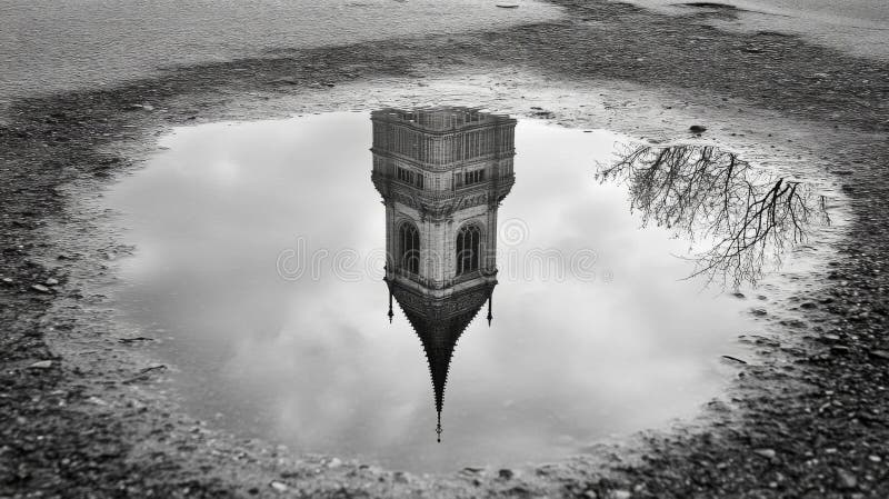 Inverted Reflection of a Tower in a City Puddle Stock Illustration ...