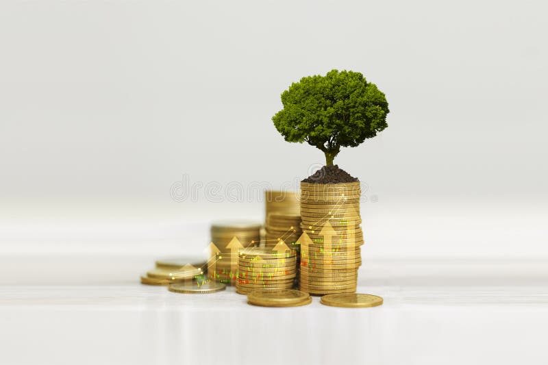 Invest Concept. Green Tree Growing on Gold Coins. Growing Power of ... Invest Concept. Green Tree Growing on Gold Coins. Growing Power of ...