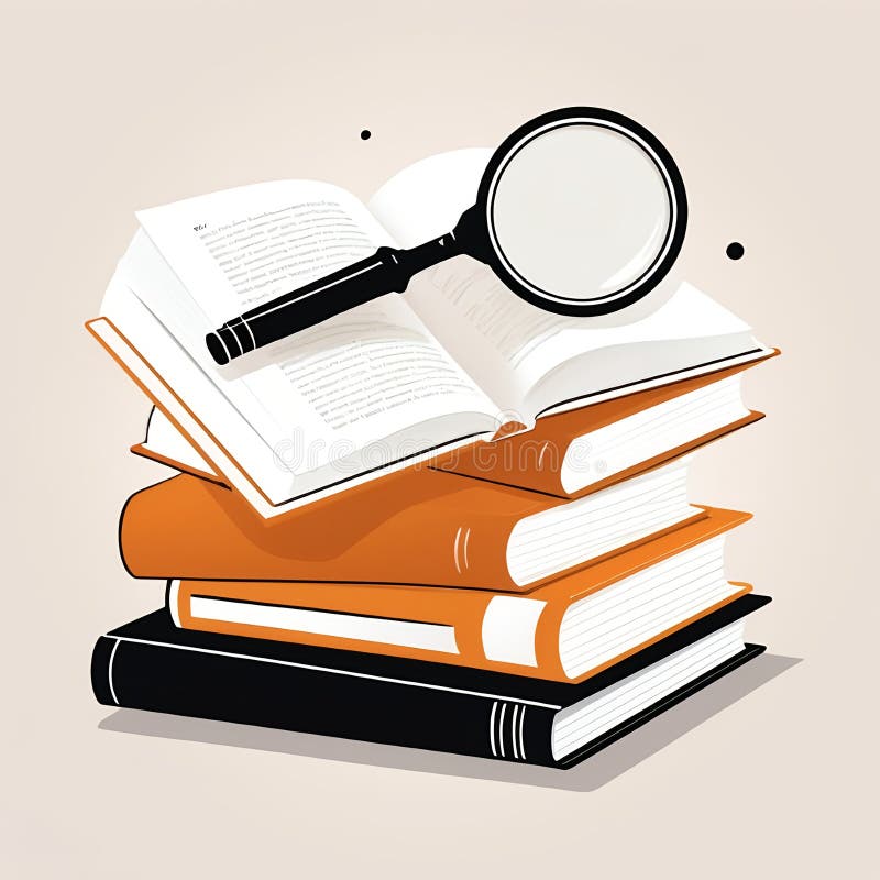 Investigating Books with Magnifying Glass Stack of Reading Material ...