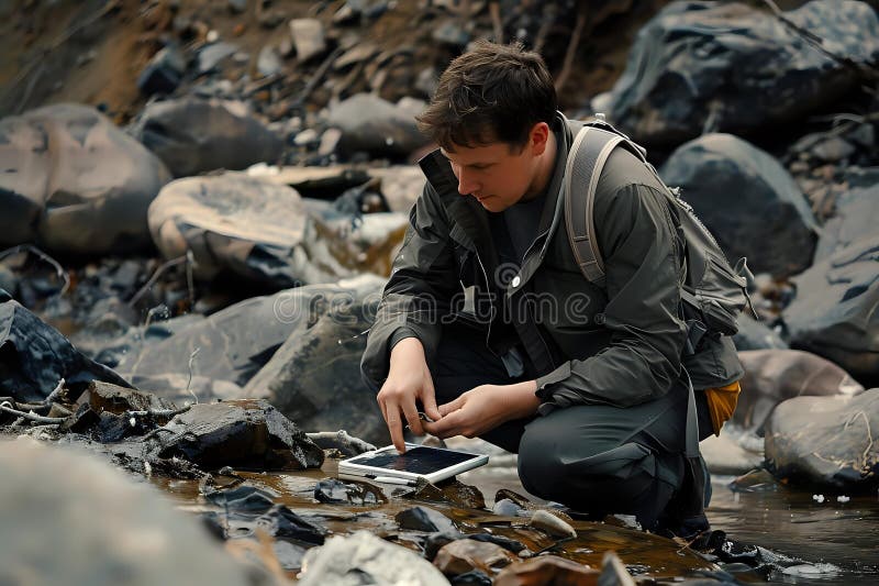 Investigating Riverbed Geology: a Scientist Carefully Examines Rocks ...