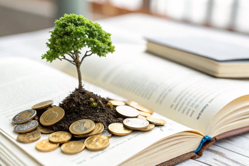 Investing in Education Concept with Tree, Book, and Coins Stock ...