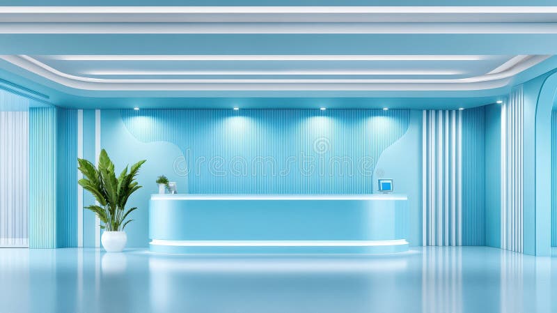 Invigorating Modern Blue and White Lobby with a Decorative Green Plant ...