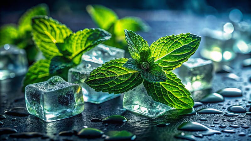 Invigorating Still Life Mint Leaves and Ice Cubes in a LowLight Setting ...