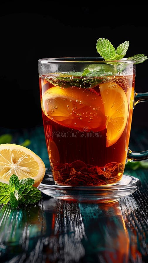 Invigorating Tea Composition Mint, Lemon Garnish, Isolated on Black ...