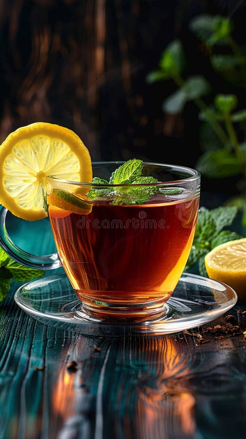Invigorating Tea Composition Mint, Lemon Garnish, Isolated on Black ...