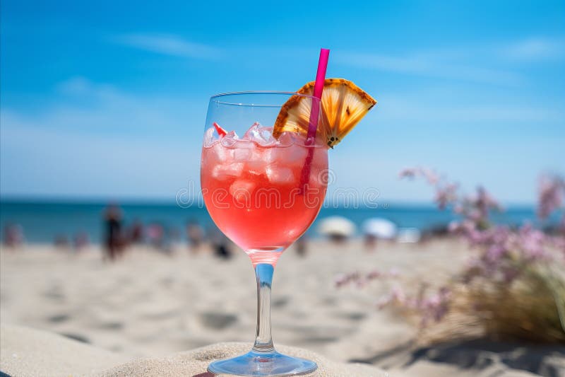 Invigorating Tropical Cocktail with Chilled Ice, Tranquil Beachscape ...
