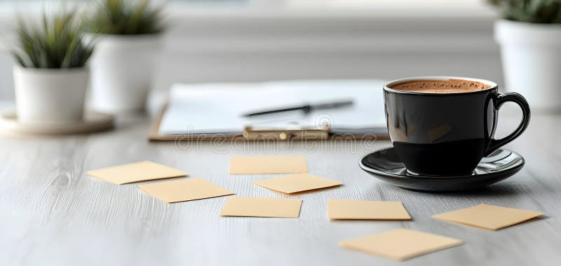 Invigorating Workspace Setting with a Coffee Cup and Sticky Notes Ready ...