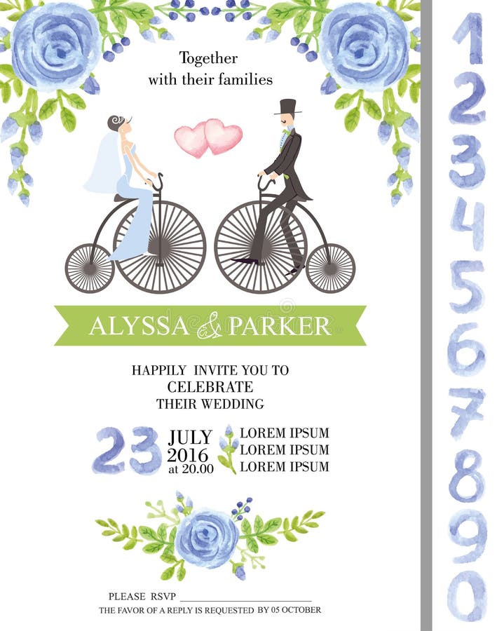 Invitation De Mariage Fleurs Bleues D'aquarelle, Nombres Illustration ...