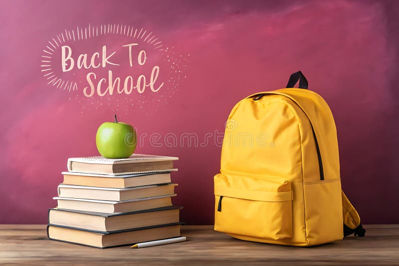 Inviting Back To School Banner with Yellow Backpack and Books on Rustic ...