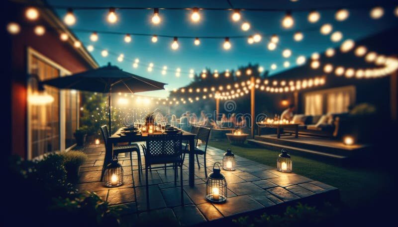 Cozy Backyard Evening with String Lights and Dining Setup, AI Generated ...