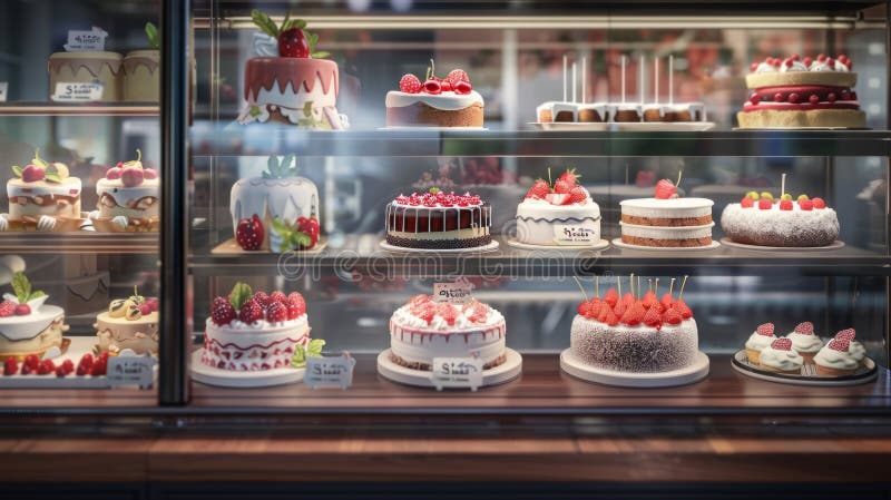 A Display Case Filled with Various Beautifully Crafted Cakes and ...