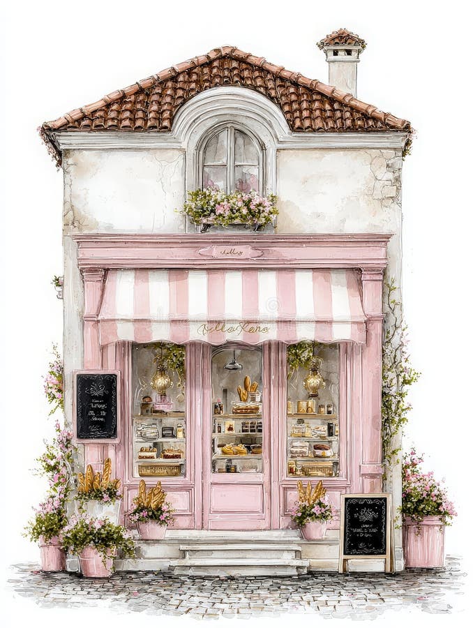 Charming Bakery with Pink Facade and Flowered Decor in a Quaint Town ...