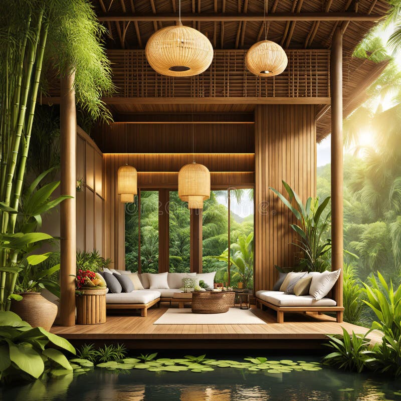 Serene Bamboo Retreat by the Riverside: a Perfect Nature Escape Stock ...