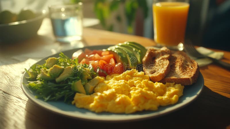 Inviting Breakfast Setup Scrambled Eggs, Avocado Toast, and Fresh Juice ...