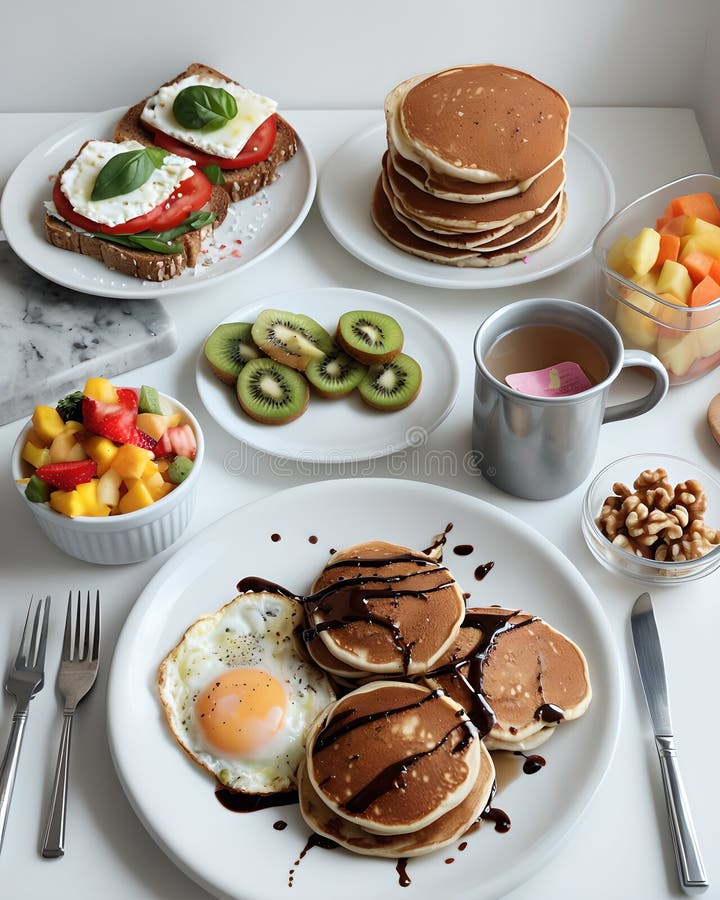 Inviting Breakfast Spread Featuring Pancakes Eggs and Fruit Stock ...