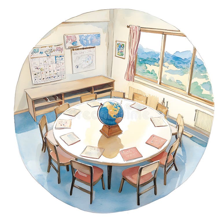Round Table Classroom Scene with Globe and Mountain View Stock Illustration - Illustration of ...
