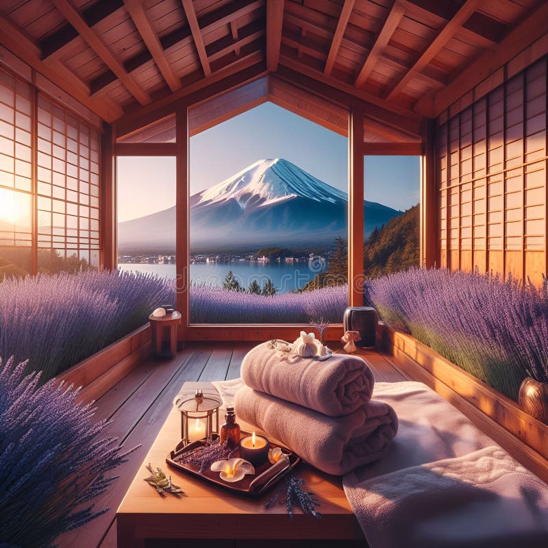 Inviting Comfort: Home Spa Experience with Mount Fuji Backdrop. Stock ...