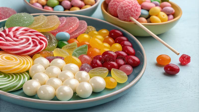 Colorful Assortment of Pearl-Like Sweets and Candies on Pastel Backdrop ...