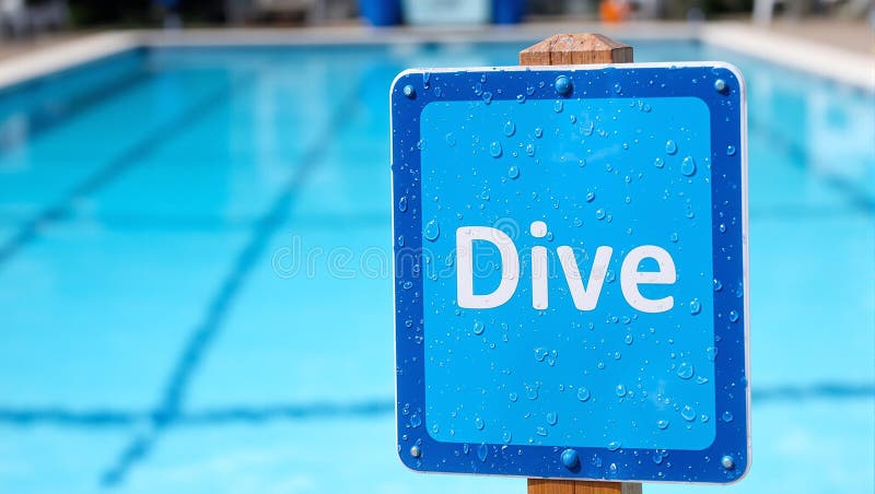 Inviting Dive Sign by the Pool with Water Droplets Blue Backdrop Stock ...