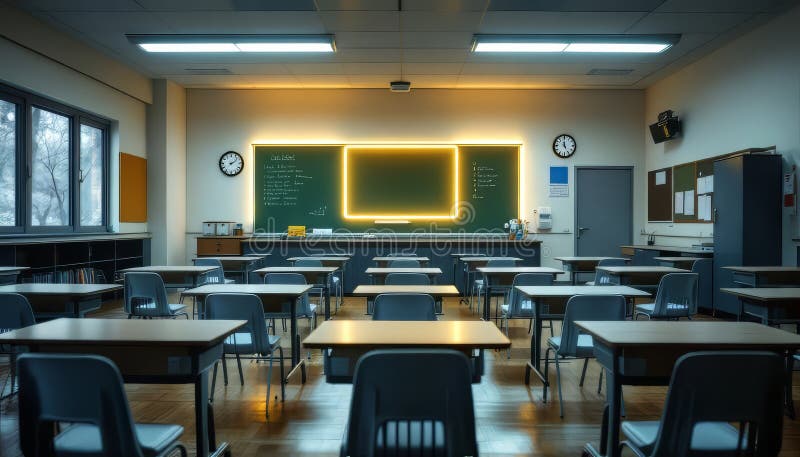An Inviting Empty Classroom Featuring Rows of Desks and a Blackboard ...