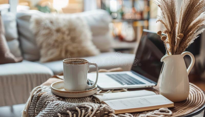 Inviting Home Office Setup in Living Room with Laptop, Documents ...