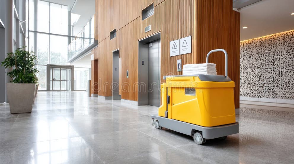An Inviting Hotel Lobby Featuring Cleaning Service and Modern ...