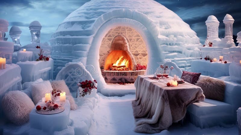 Romantic Dinner Setting with Burning Fireplace Inside an Igloo Stock Video - Video of luxury ...
