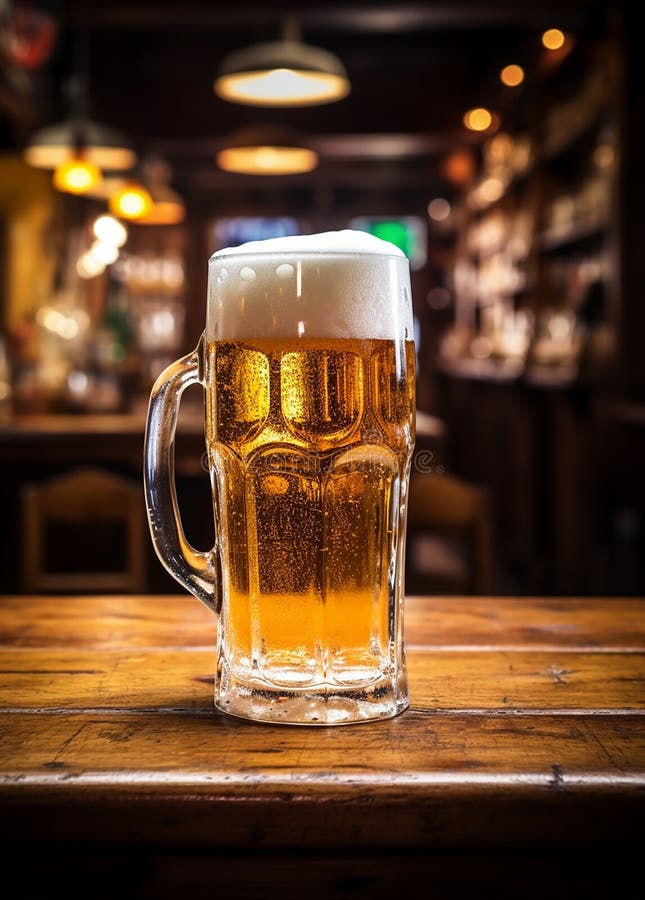 Cold beer mug on bar table stock illustration. Illustration of ...