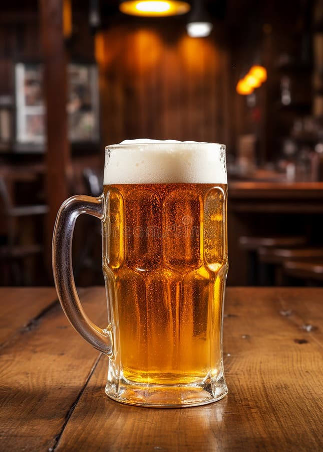 Cold beer mug on bar table stock photo. Image of foam - 305666008