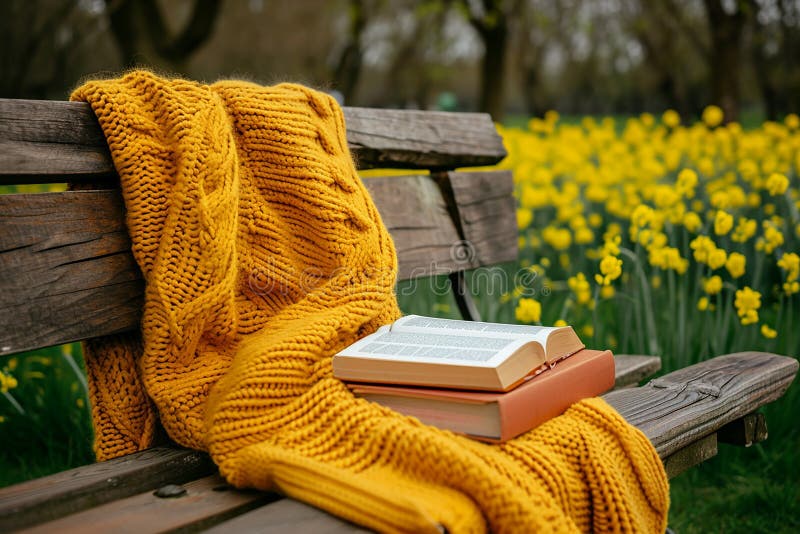 Cozy Sweater and Book on Park Bench in Spring Stock Illustration ...